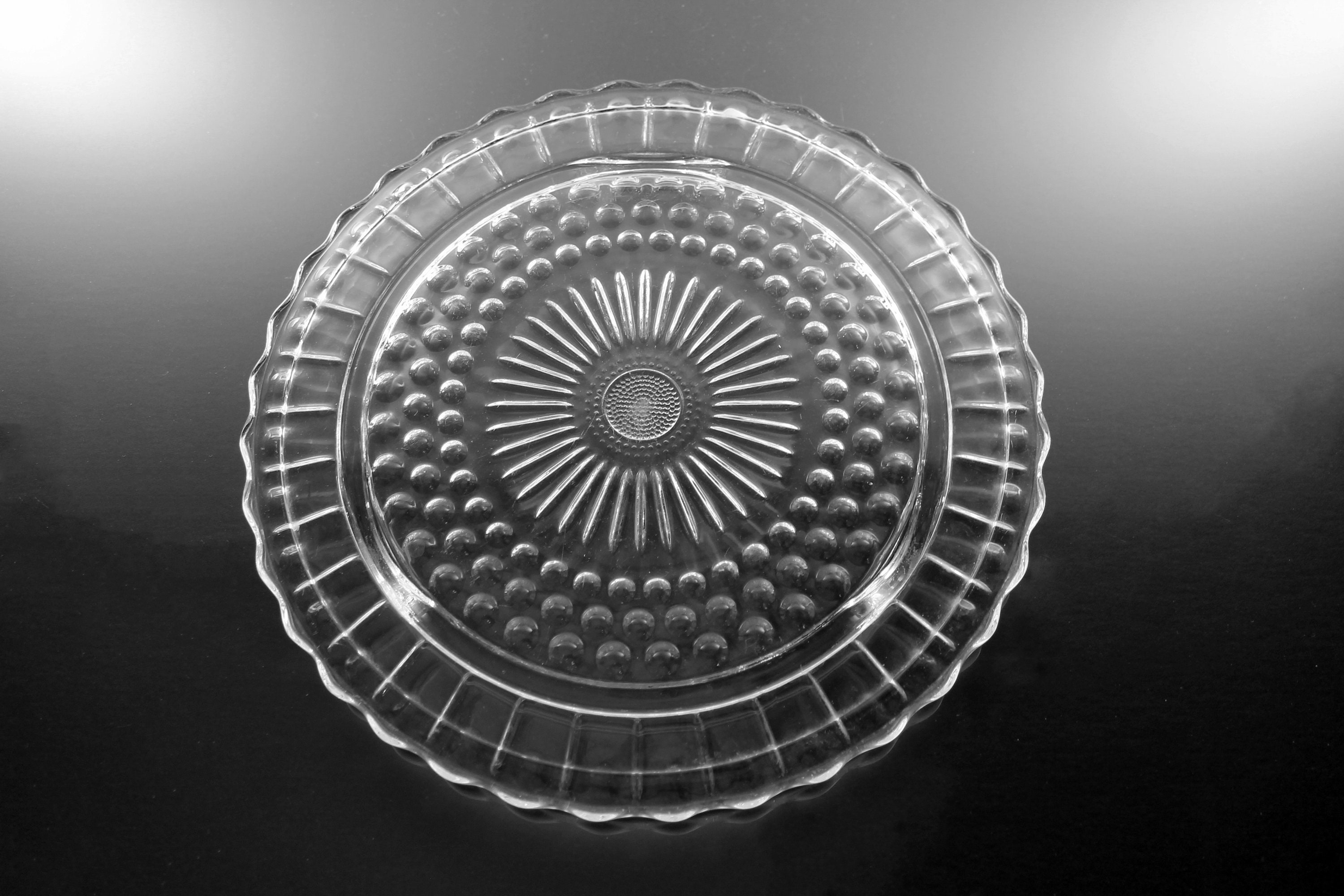 Footed Cake Plate, Federal Glass, Sunburst, Dots and Panels, Clear ...