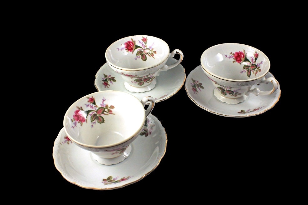 Tea Cups and Saucers, Royal Sealy, Moss Rose Pattern, Set of 3, Rose ...