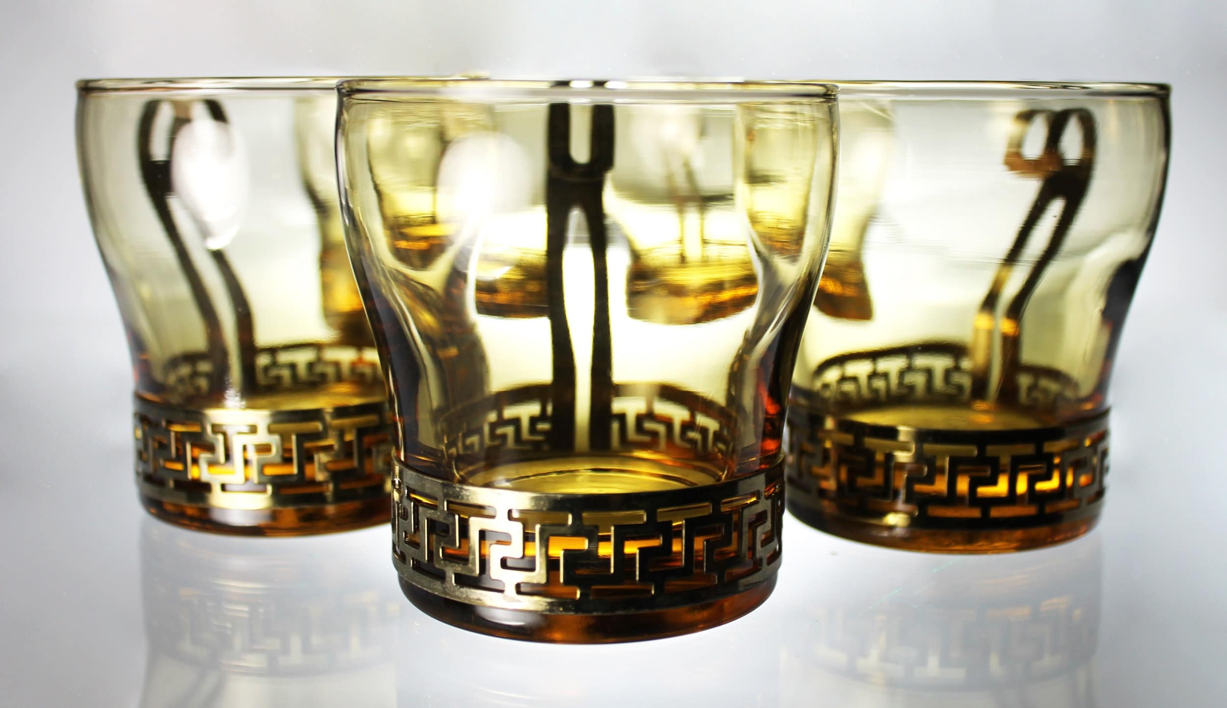 Libbey Amber Coffee Cups, Greek Key Metal Handles, Set of 7, 6 Ounce