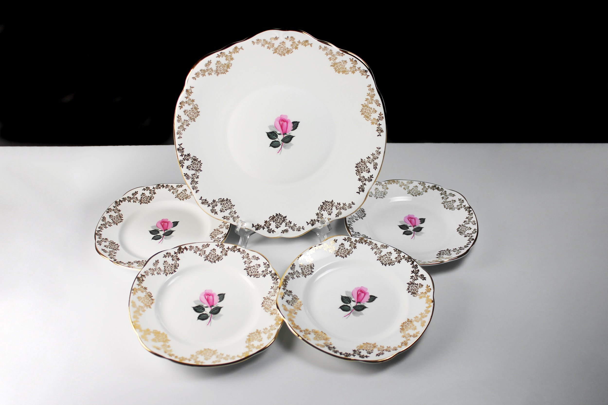Duchess Dessert Set, Cake Plate, 4 Dessert Plates, Pink Rose, 22K Gold ...