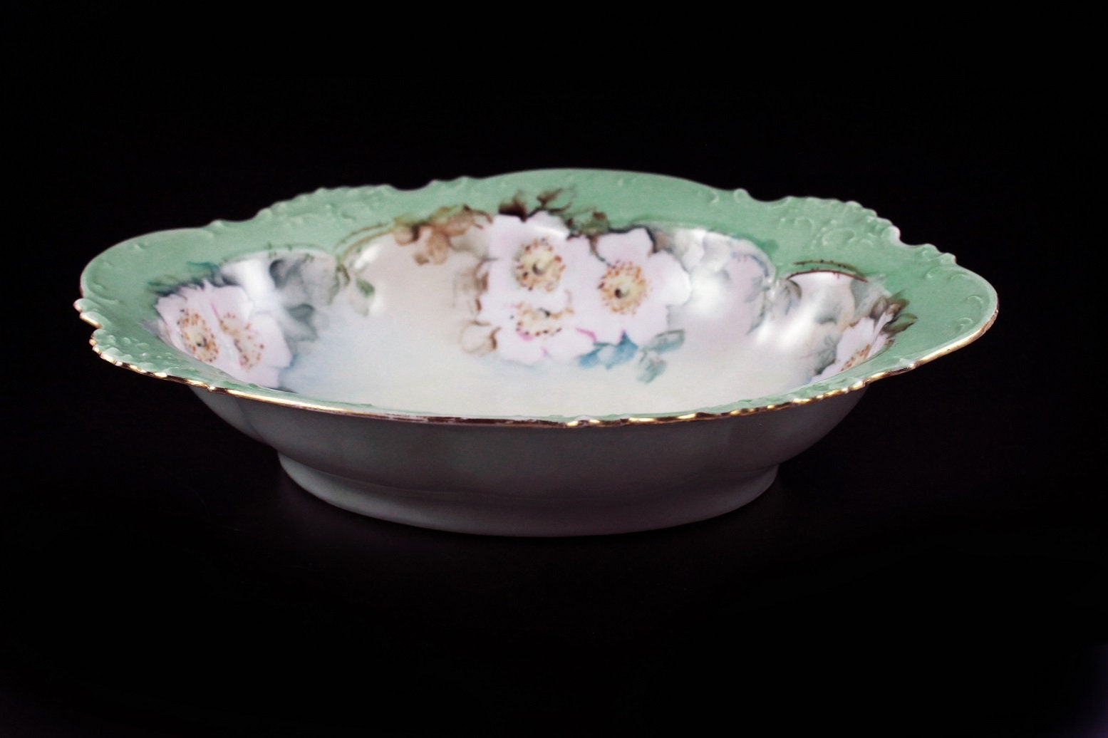 Oval Vegetable Bowl, White Floral, Green Trimmed, 9 Inch, Serving Bowl ...