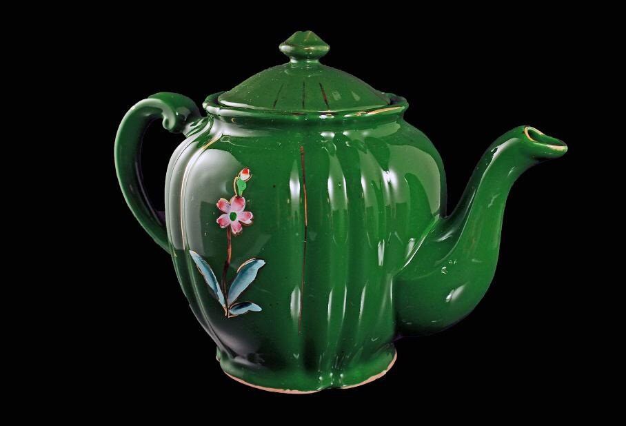 Hand Painted Teapot, Green, Gold Trim, Made in Japan, Floral Pattern ...
