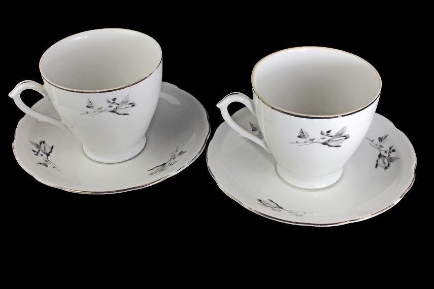 Teacups and Saucers, Cmielow Poland, Set of 2, Black and Gray Roses ...