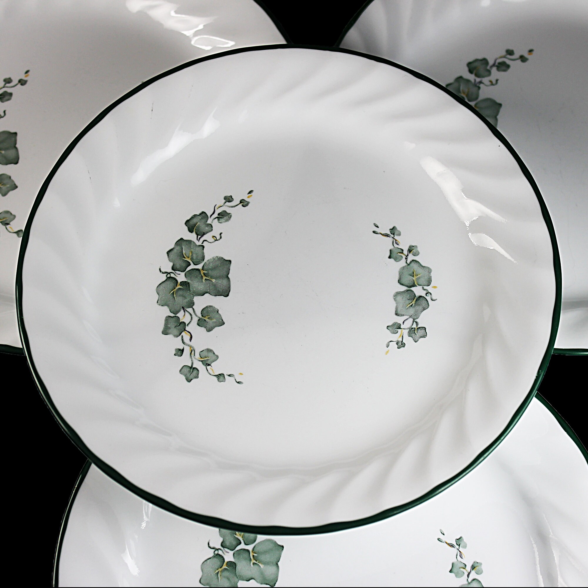 Salad Plates, Corning Corelle, Callaway, Ivy Pattern, Green Trim, Set of 4