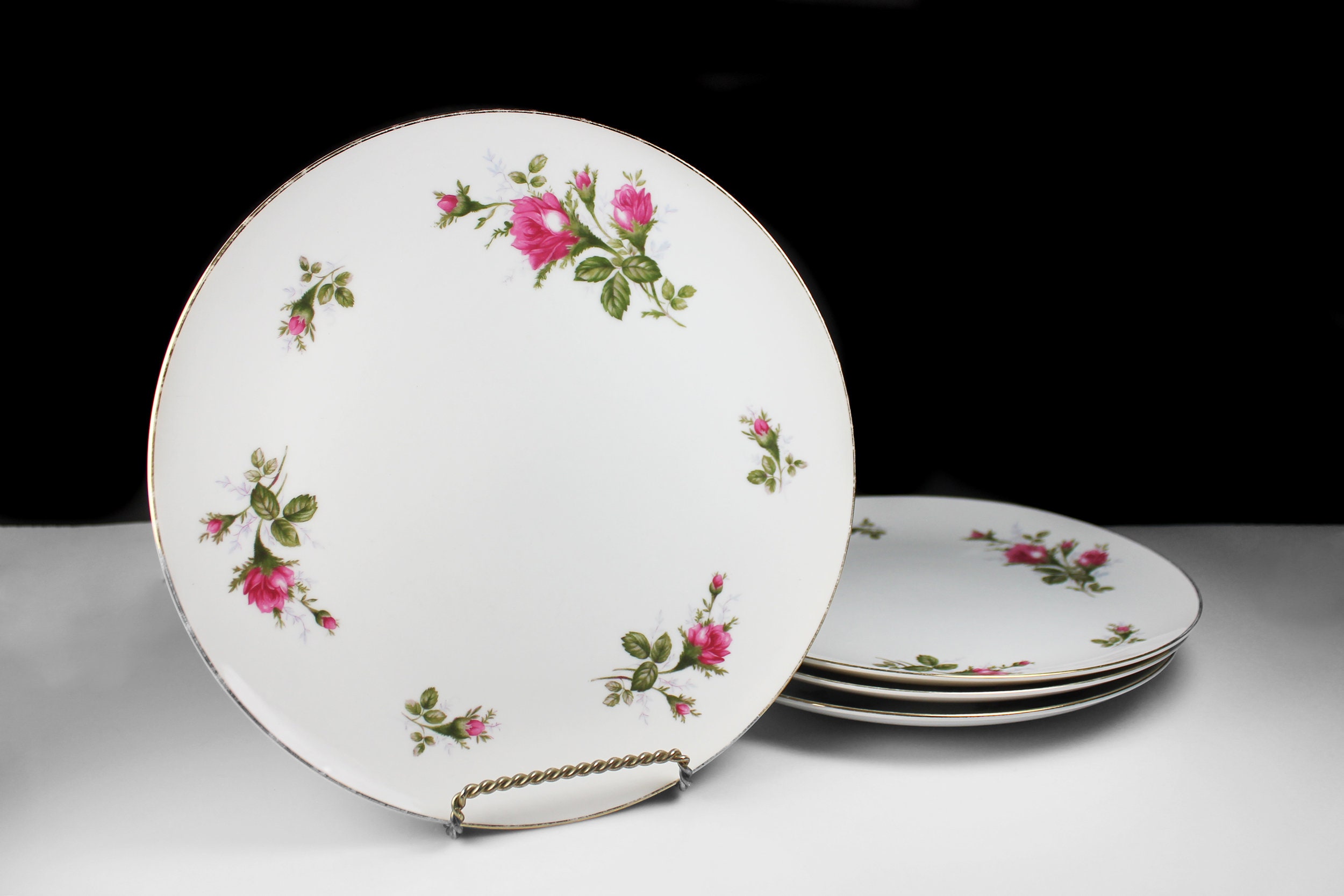 Dinner Plates, Sango Japan, Moss Rose, Red Floral, Set of 4, Dinnerware ...