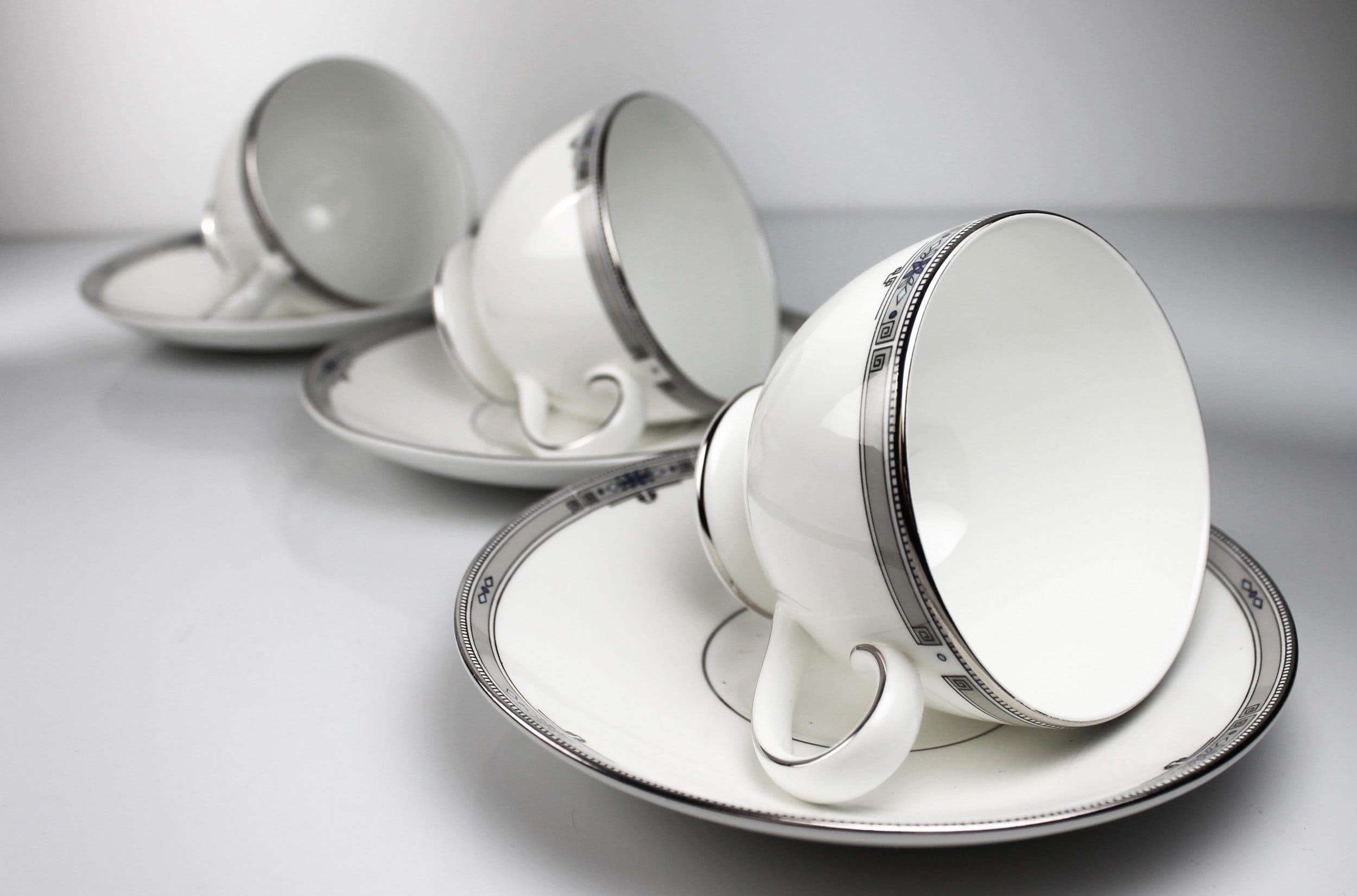 Cups and Saucers, Wedgwood Amherst, Set of 3, Fine China, Platinum Trim ...