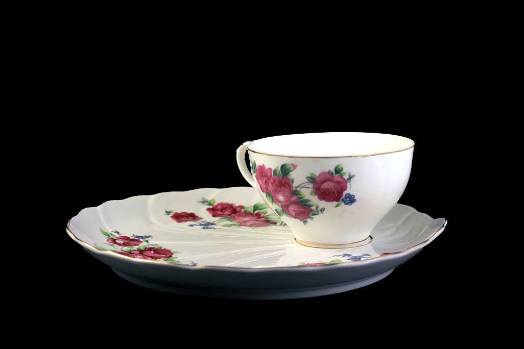 Snack Set, Snack Plate and Teacup, Rose Pattern, Bone China, Shell ...