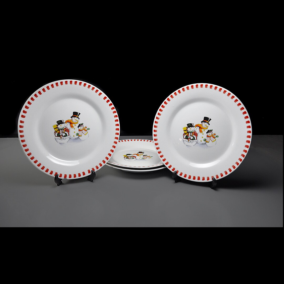 Salad Plates, Trisa Dinnerware, Set of 4, Snowman Family, Winter and ...