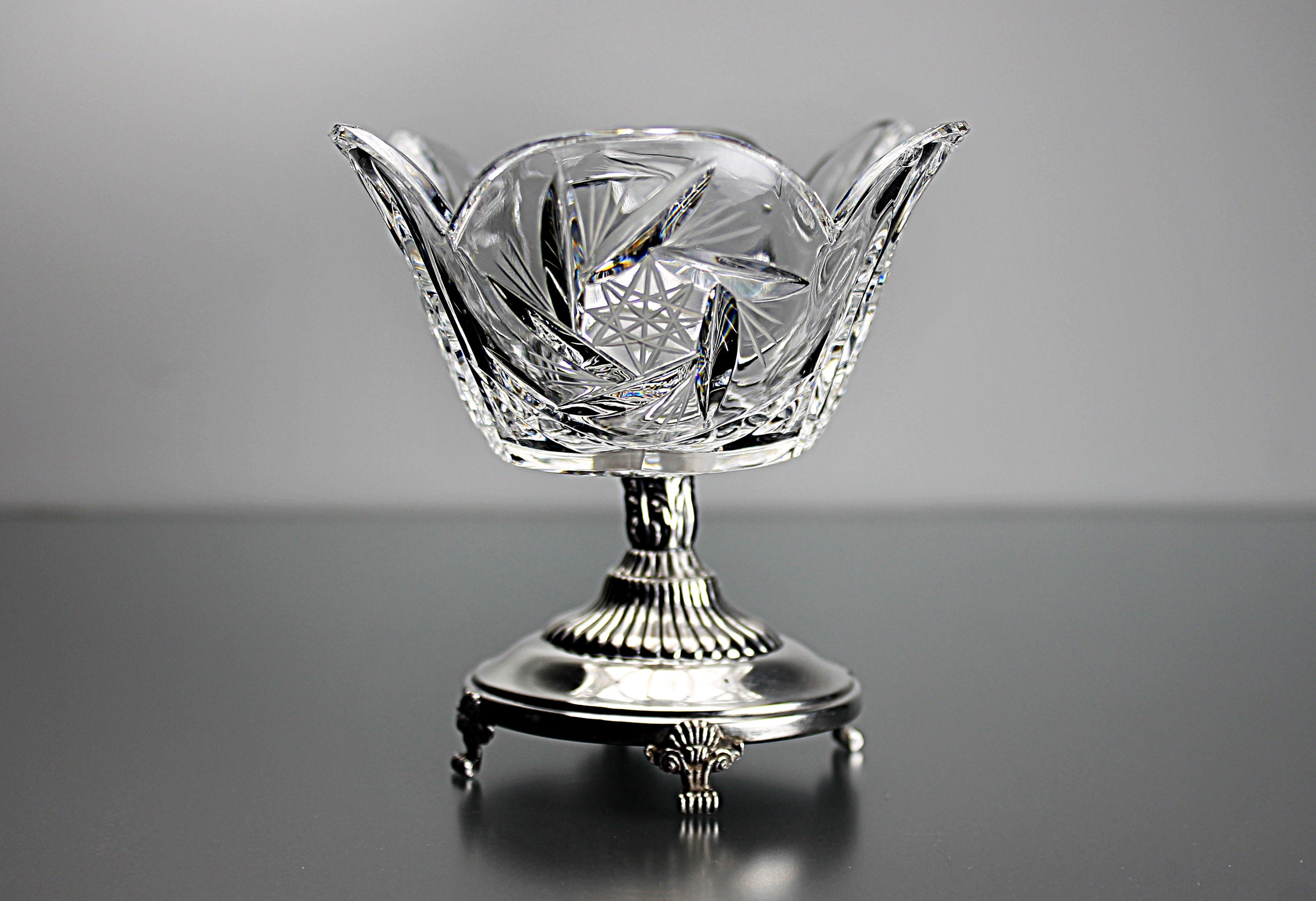 Crystal Compote with Silver Base, Pinwheel, Cut Glass, Clear Glass ...