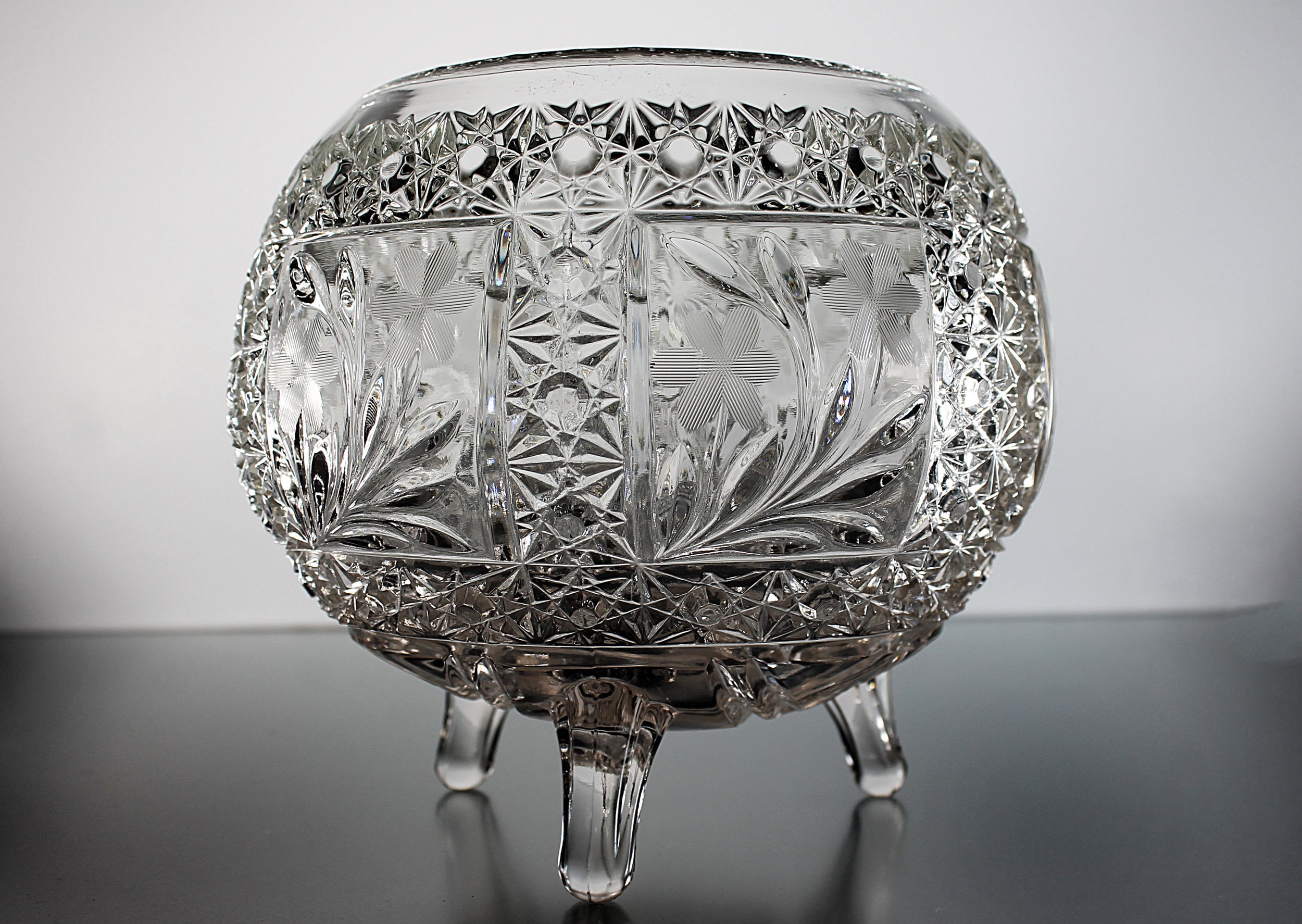 EAPG Rose Bowl, McKee Glass, Snappy Clear, Three Footed Bowl, Cut ...