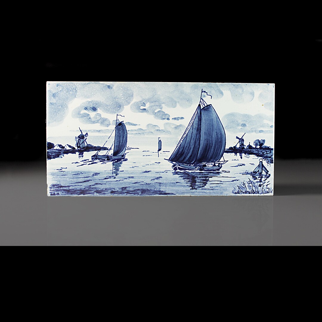 Blue Delft Tile, Rectangle, Boats and Windmills, 8 Inches X 4 Inches ...