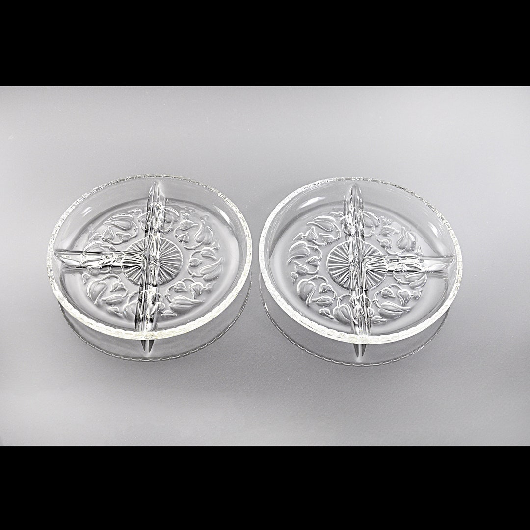 Clear Pressed Glass Divided Bowls - Set of 2, Leaf & Vine Design, 6.5 ...
