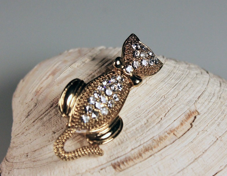 Cat Rhinestone Brooch, Clear Rhinestones, Gold Tone, Locking C Clasp ...