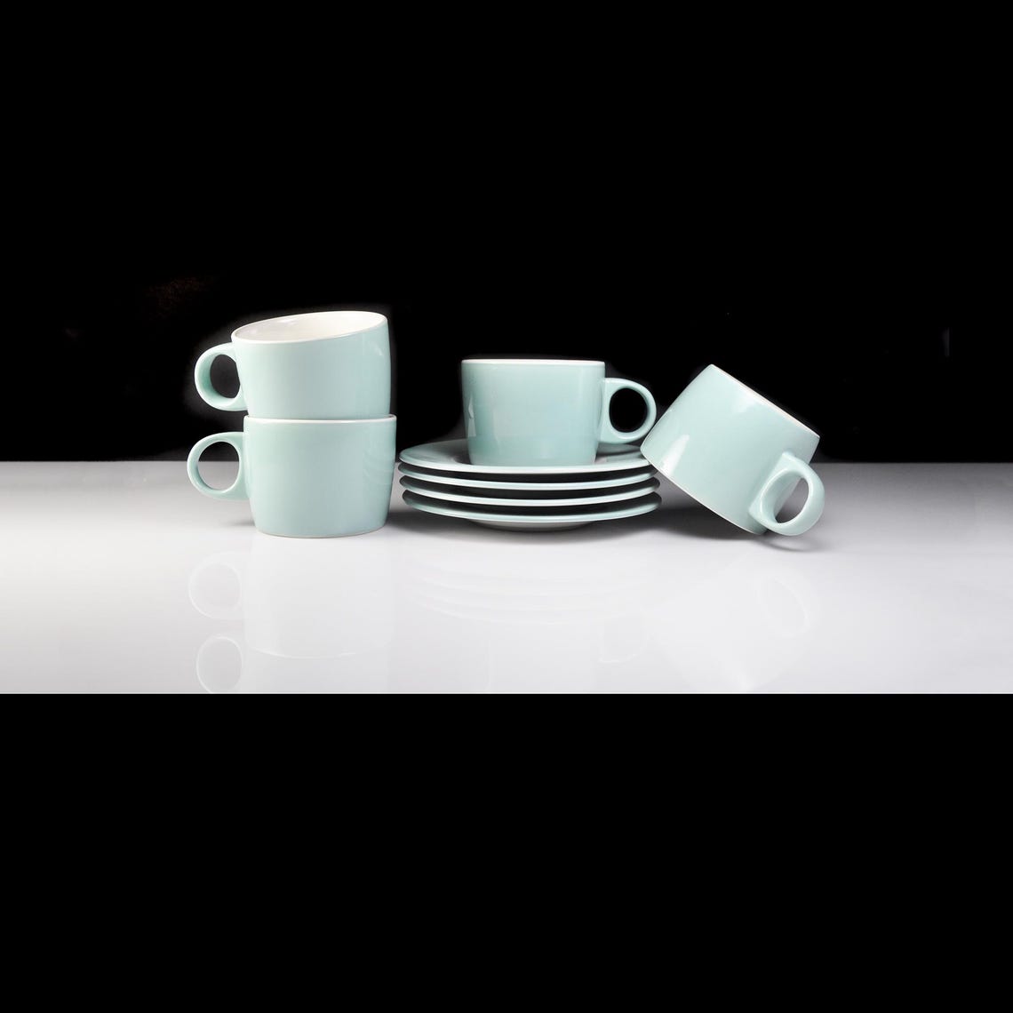 Stoneware Cups and Saucers Set – Aqua With White Interior - Set of 4 ...