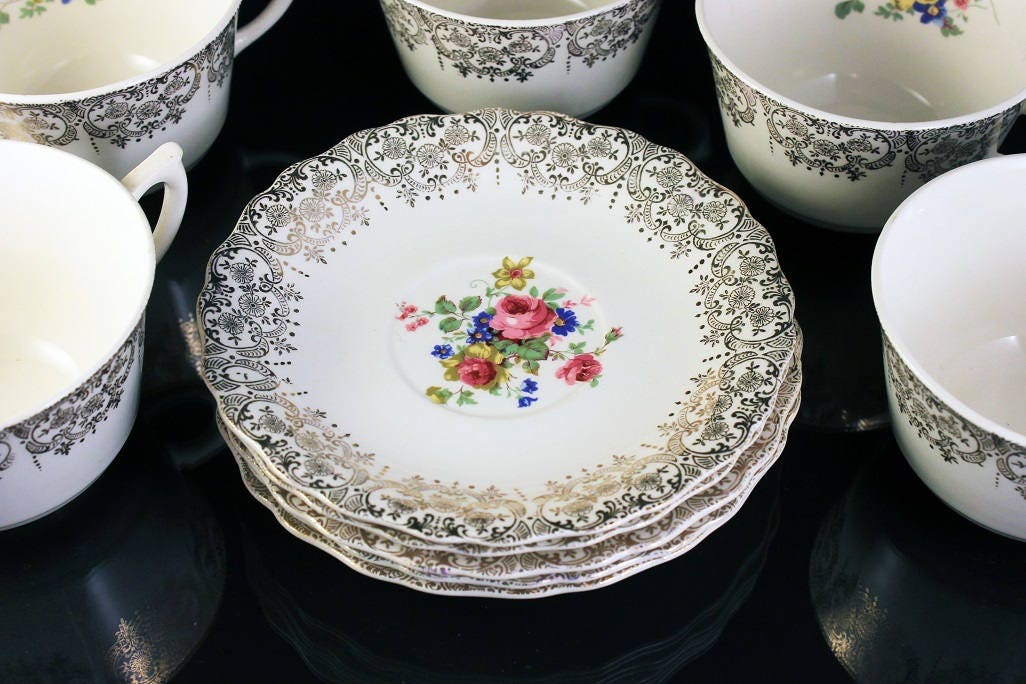 Cups and Saucers, Canonsburg Pottery Company, Set of 5, Warranted 22 ...