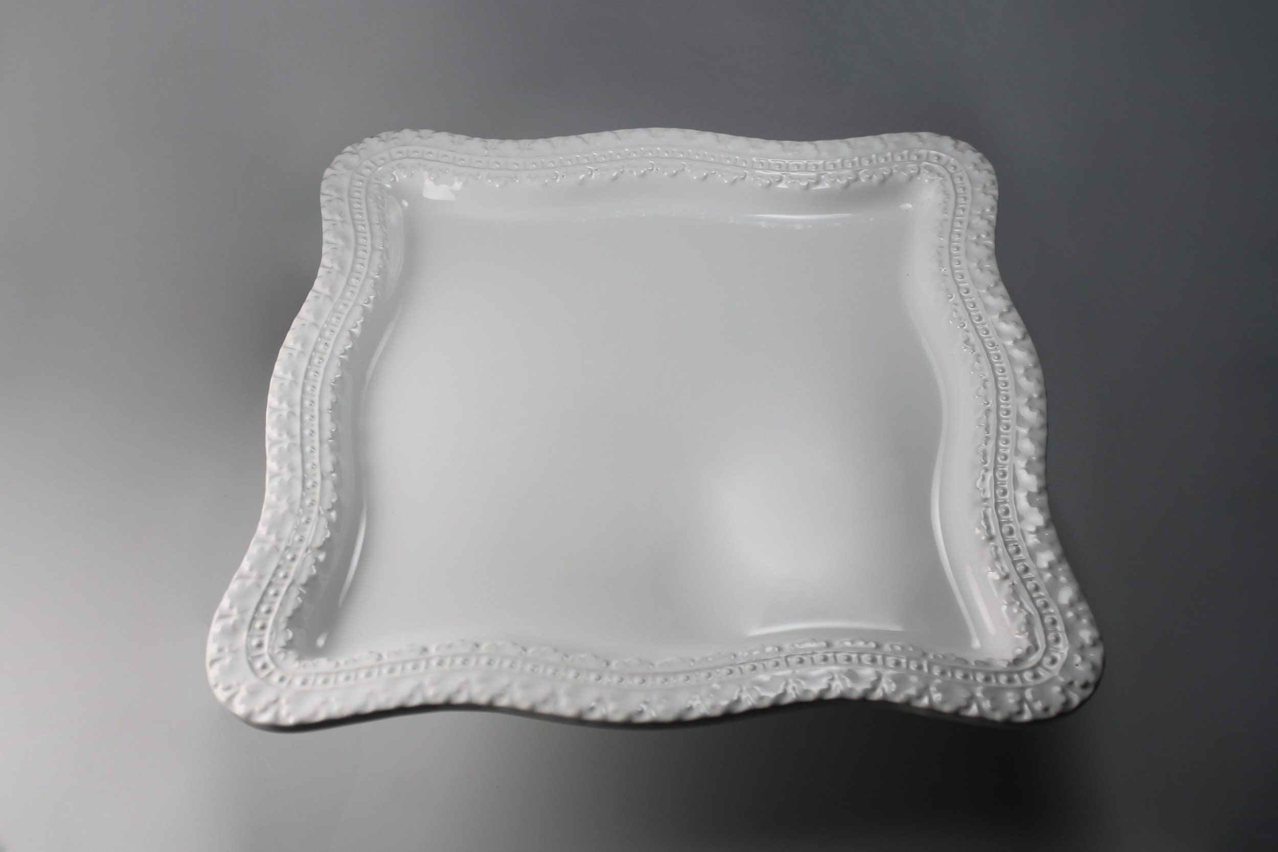 White Pedestal Cake Stand, Ceriart S. A. Portugal, Square, Embossed ...