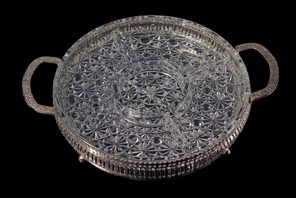 Divided Relish Tray, Silver Plated Carrier, Made in England, Clear ...