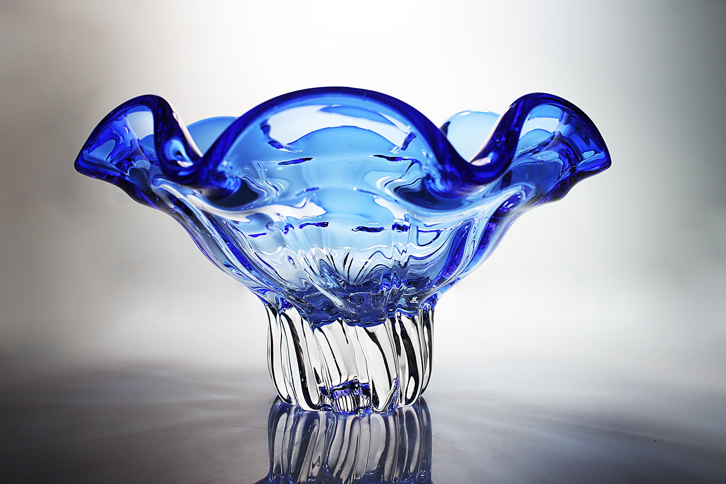 Art Glass Compote Bowl, Display Bowl, Blue and Clear Glass, Decorative ...