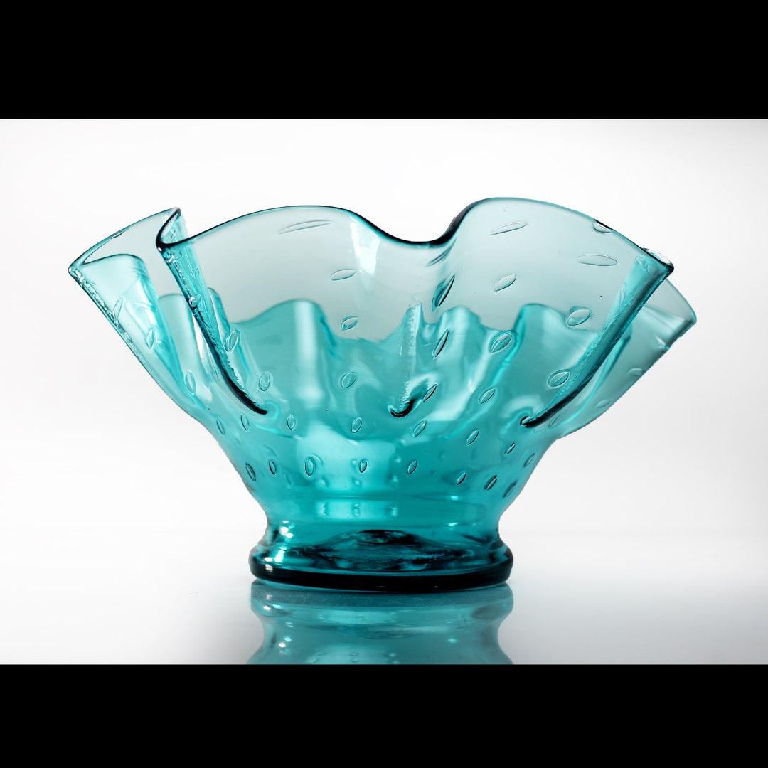 Bischoff Art Glass Bowl, Aqua Ruffled Edge Centerpiece - Etsy
