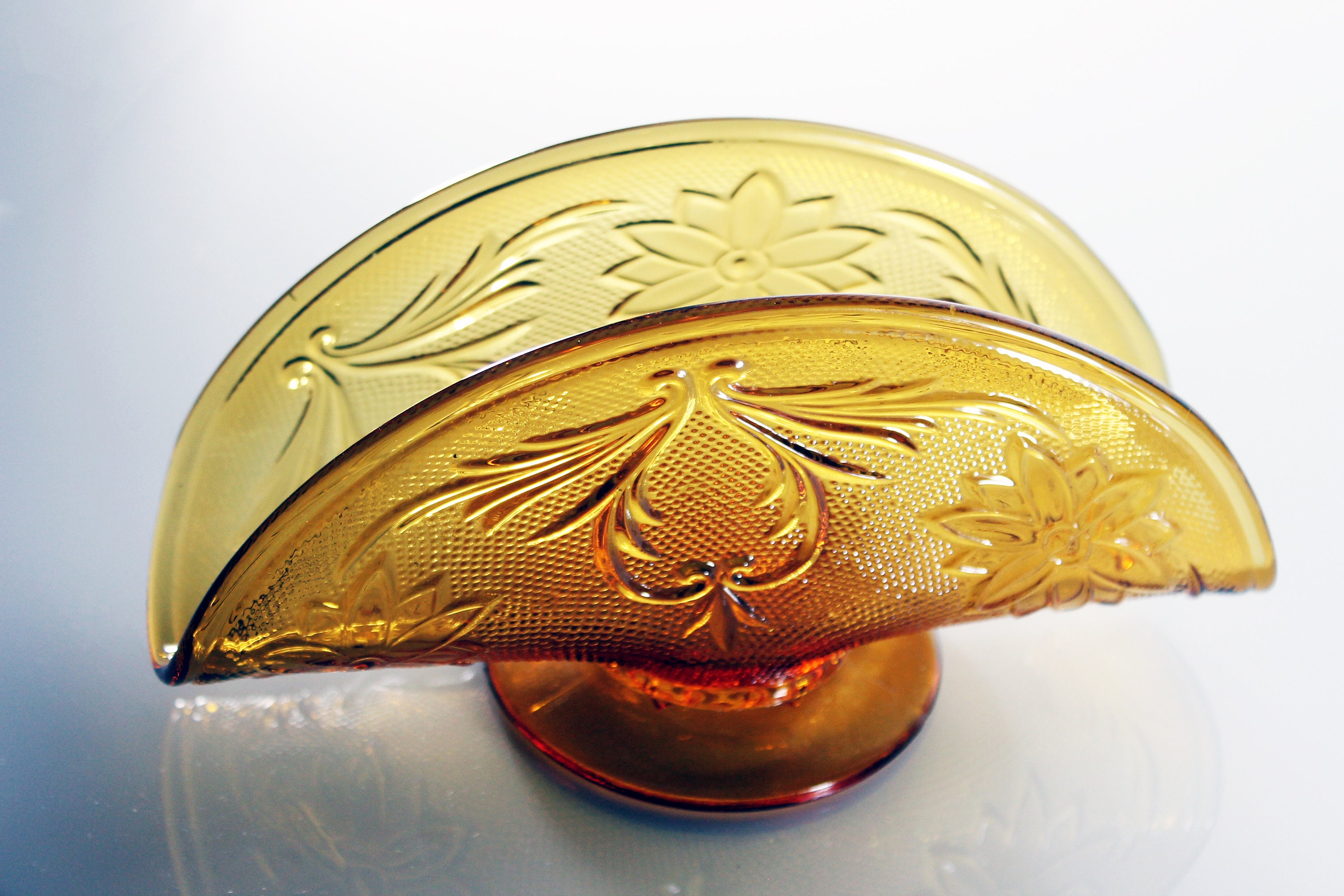 Napkin Holder, Tiara Sandwich Glass, Amber Pressed Glass, Floral Pattern