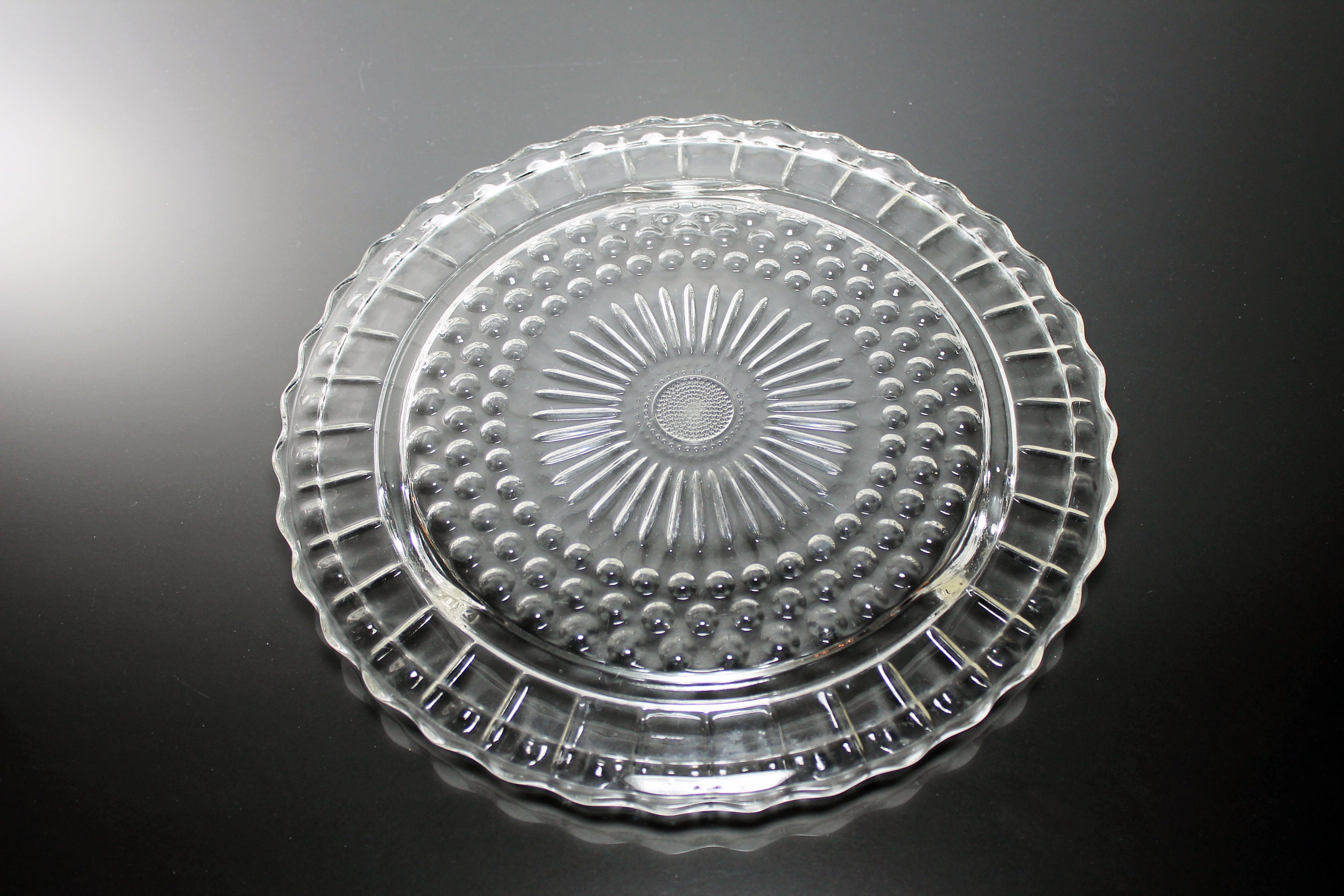 Footed Cake Plate, Federal Glass, Sunburst, Dots and Panels, Clear ...