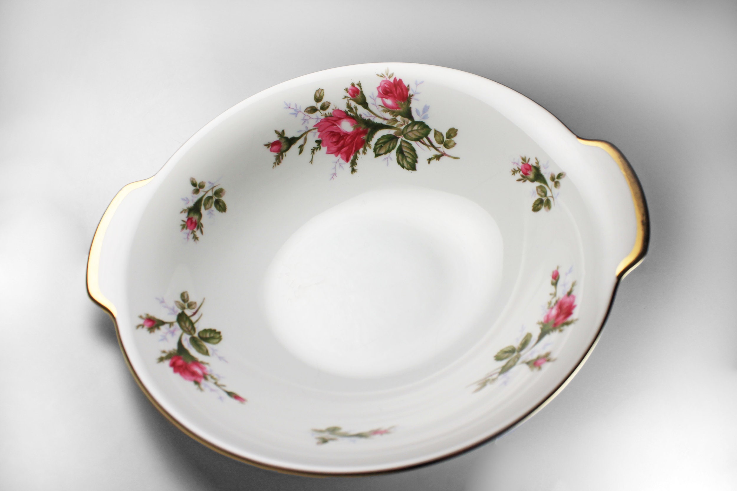 Round Handled Vegetable Bowl, Sango Japan, Moss Rose, Red Floral ...