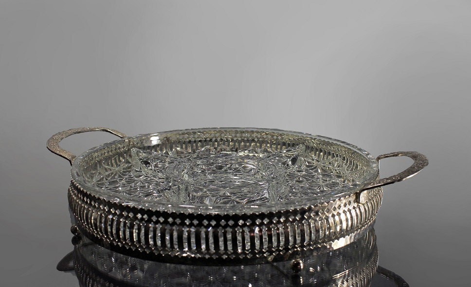 Divided Relish Tray, Silver Plated Carrier, Made in England, Clear ...