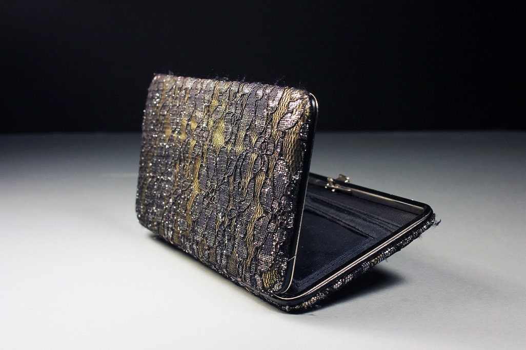 Ladies Clutch Wallet, Black Lace over Gold Satin, Snap Closure