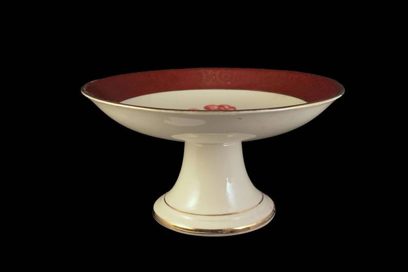 Compote, Pedestal, Warranted 22K Gold Trim, Fruit Center, Red Band ...