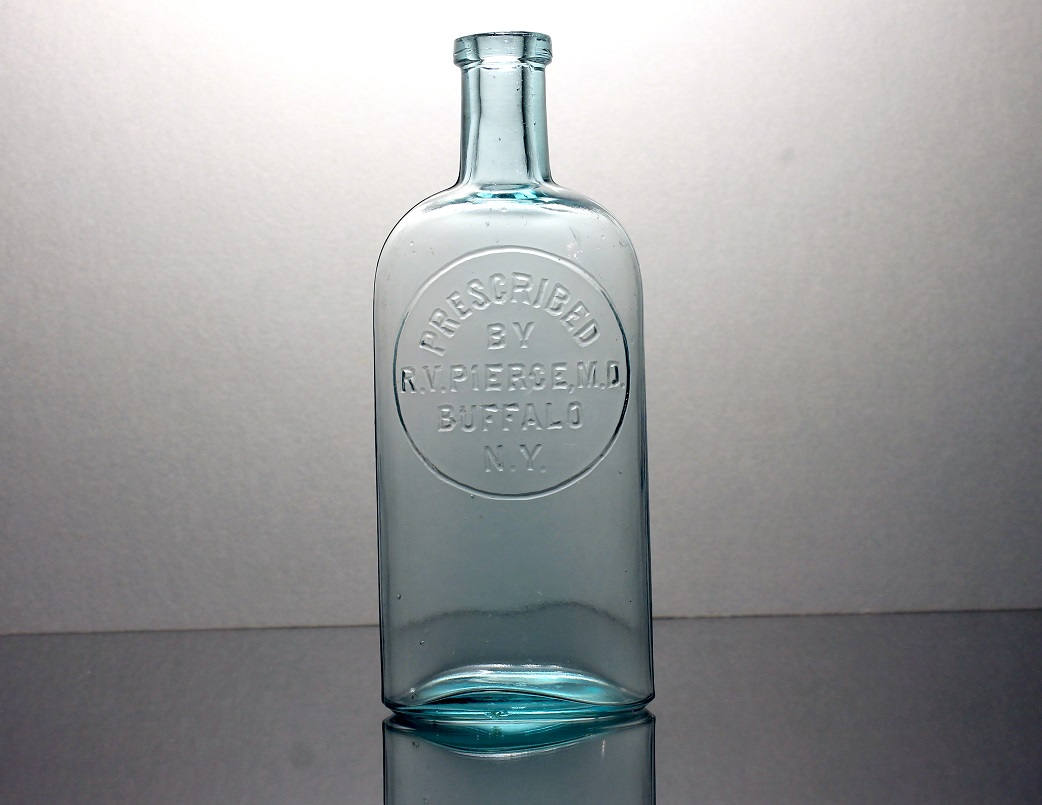 Antique Bottle, R V. Pierce. MD, Buffalo NY, Circa 1890's, Aqua, Tooled Finished Top, Embossed ...