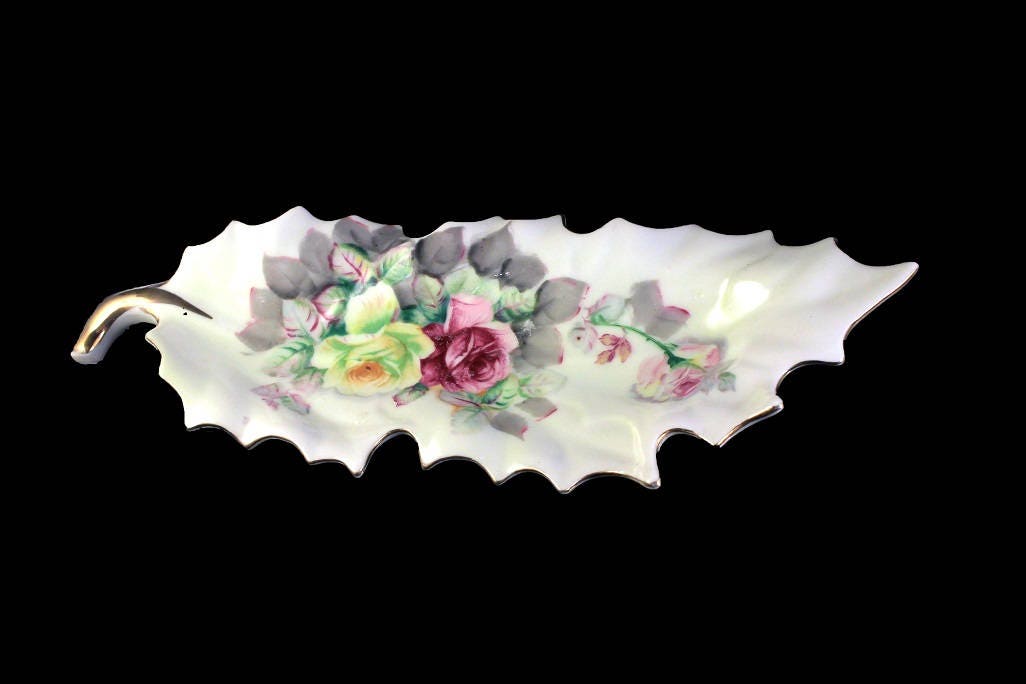 Leaf Shaped Dish, Arnart, Porcelain, Rose Floral, Decorative Dish ...