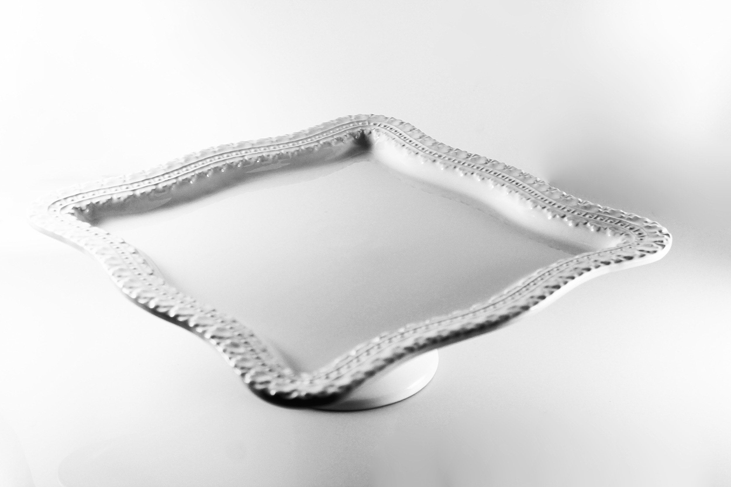 White Pedestal Cake Stand, Ceriart S. A. Portugal, Square, Embossed ...