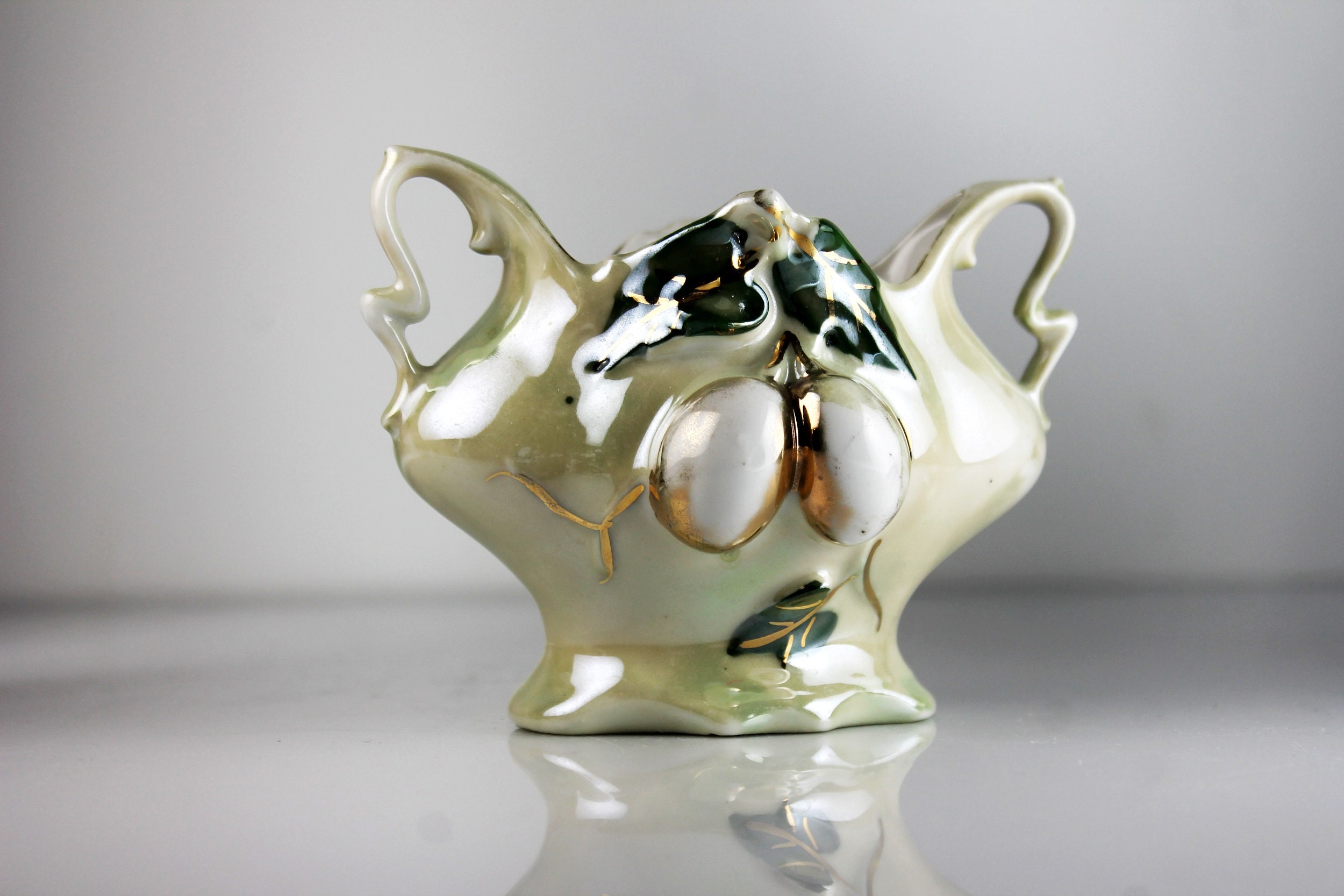 Footed Lusterware Planter, Raised Fruit Pattern, Gold Trim, Porcelain ...