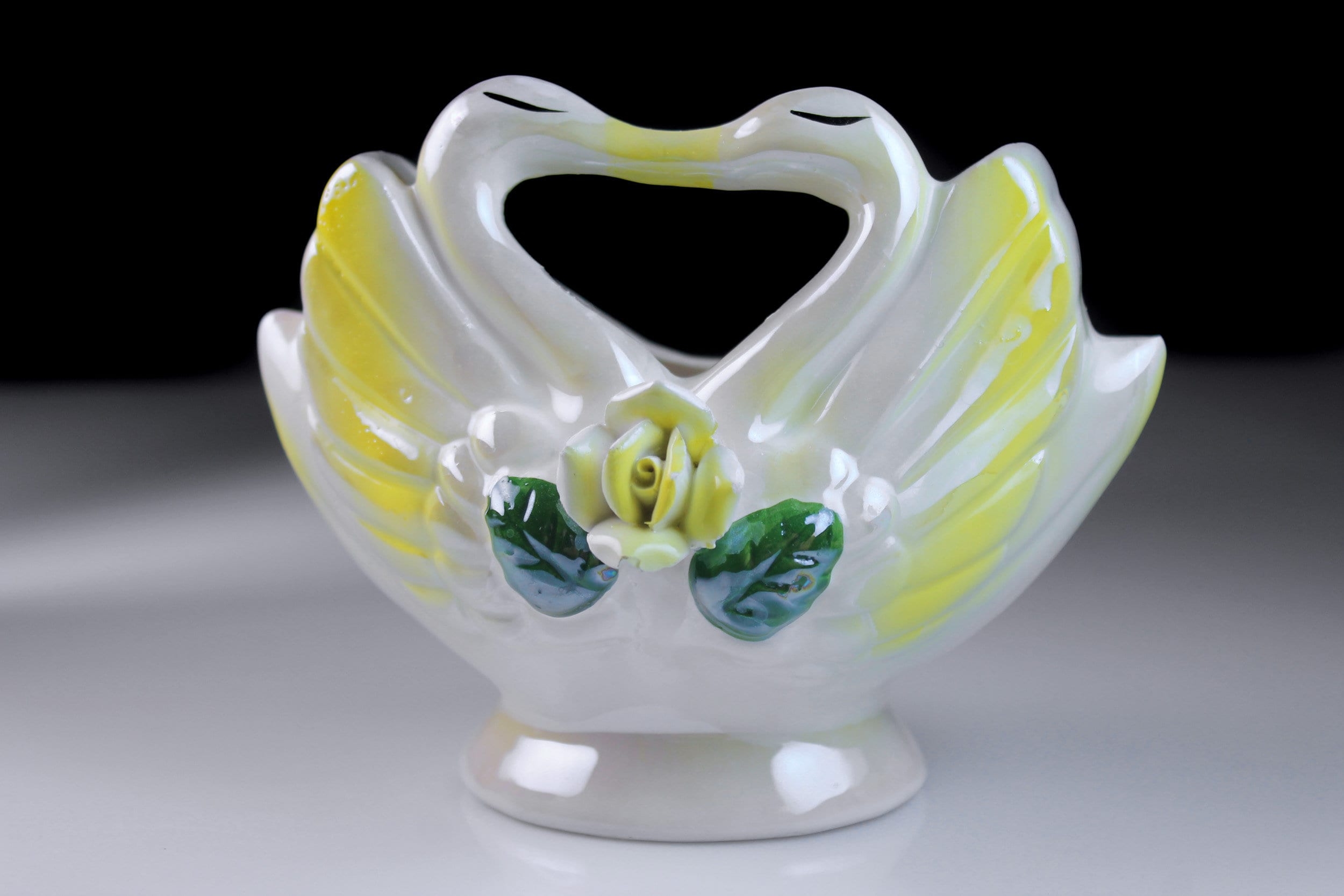 Kissing Swan Planter, Yellow Lusterware, Raised Rose, Double Swans ...