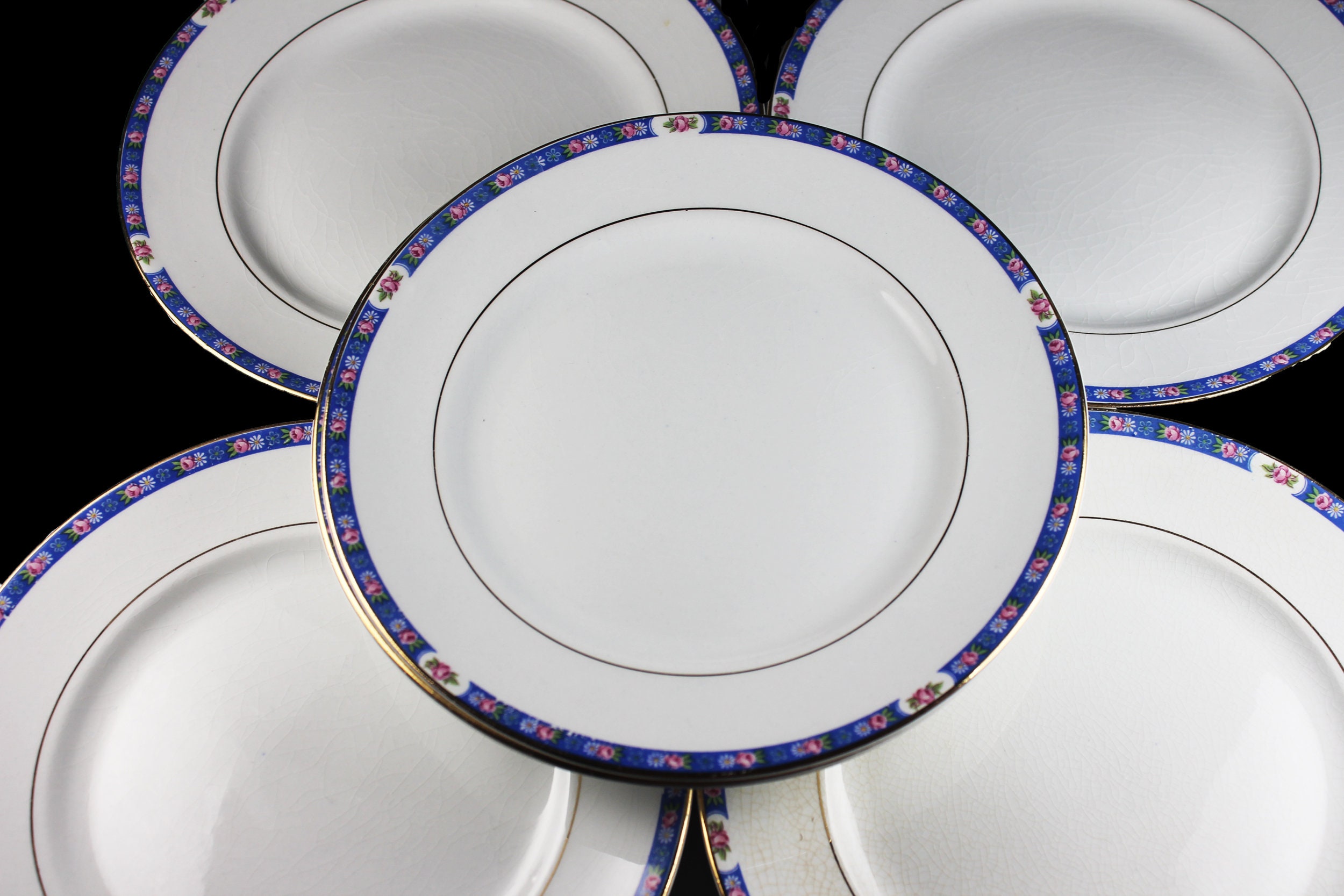 Antique Salad Plates, National China Company, Set of 6, Blue Floral Band
