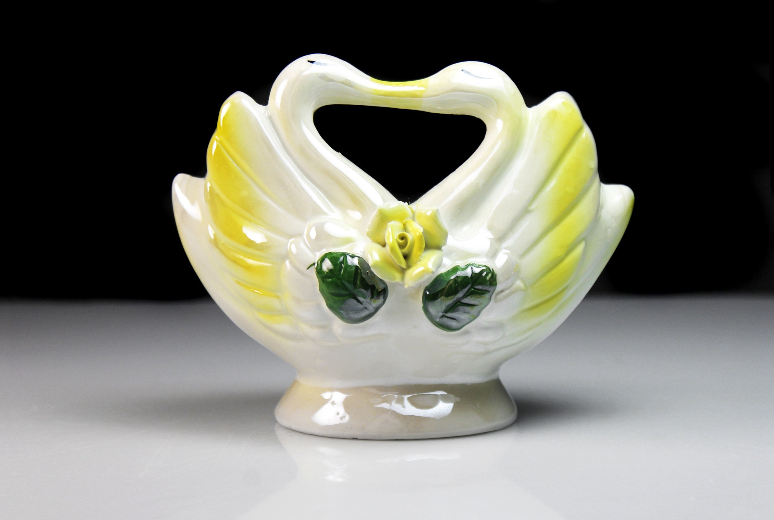 Kissing Swan Planter, Yellow Lusterware, Raised Rose, Double Swans ...
