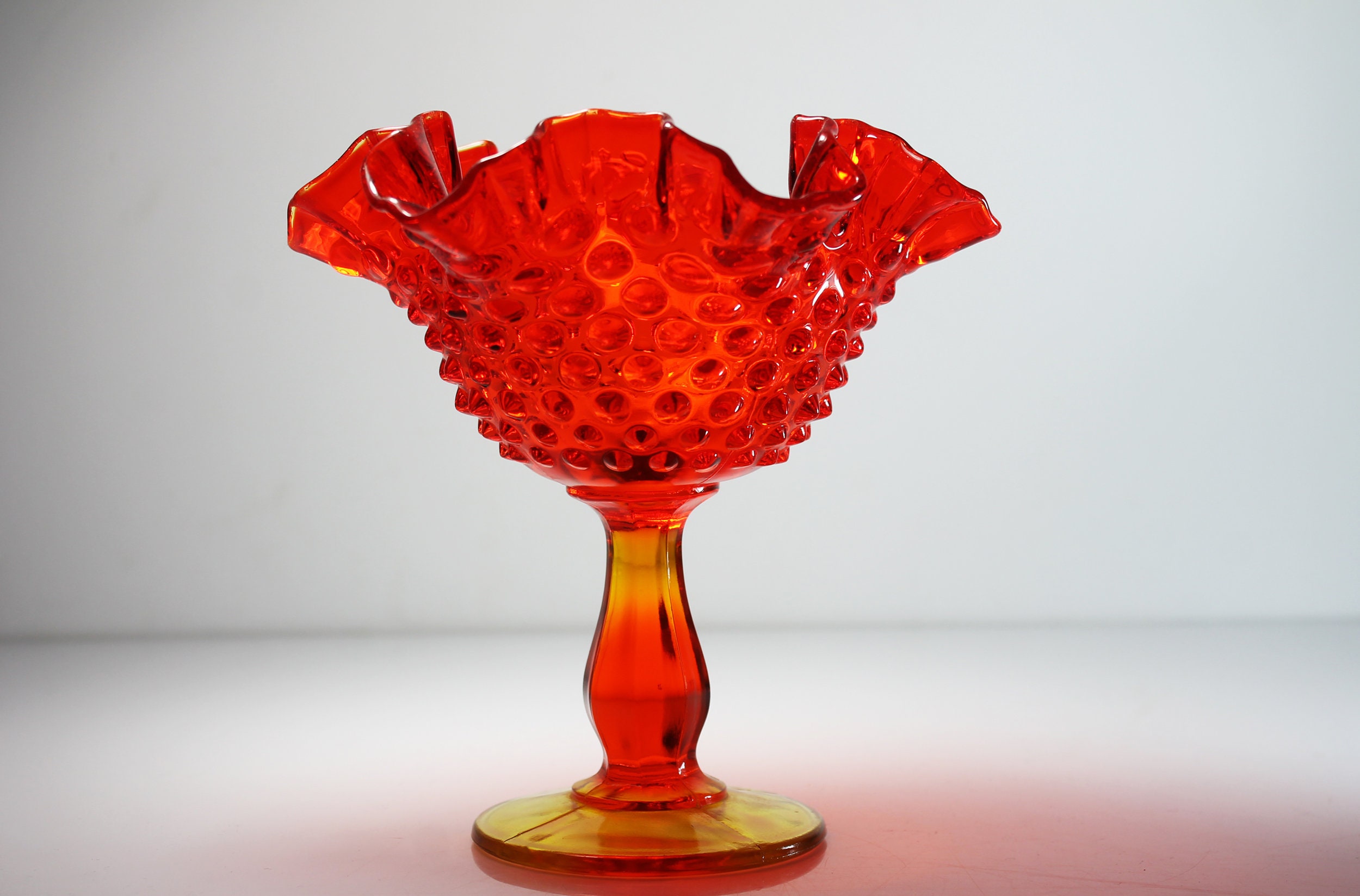 Fenton Compote, Hobnail Colonial Orange, Amberina, Double Crimped, Pedestal