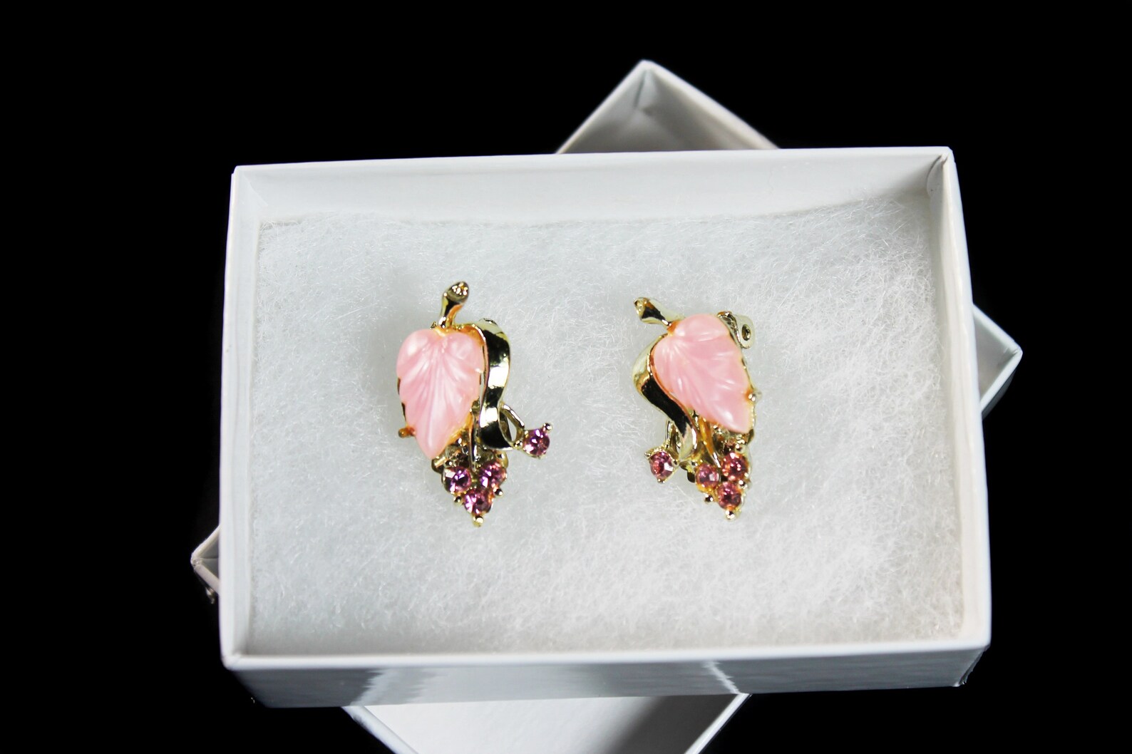 Pink Leaf Clip-On Earrings Pink Rhinestone Gold Tone | Etsy