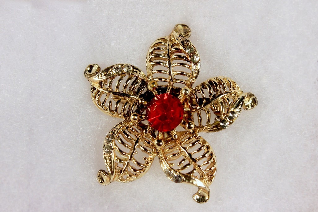 Flower Brooch, Red Rhinestone, Gold Tone, Locking C Clasp, Fashion Pin ...