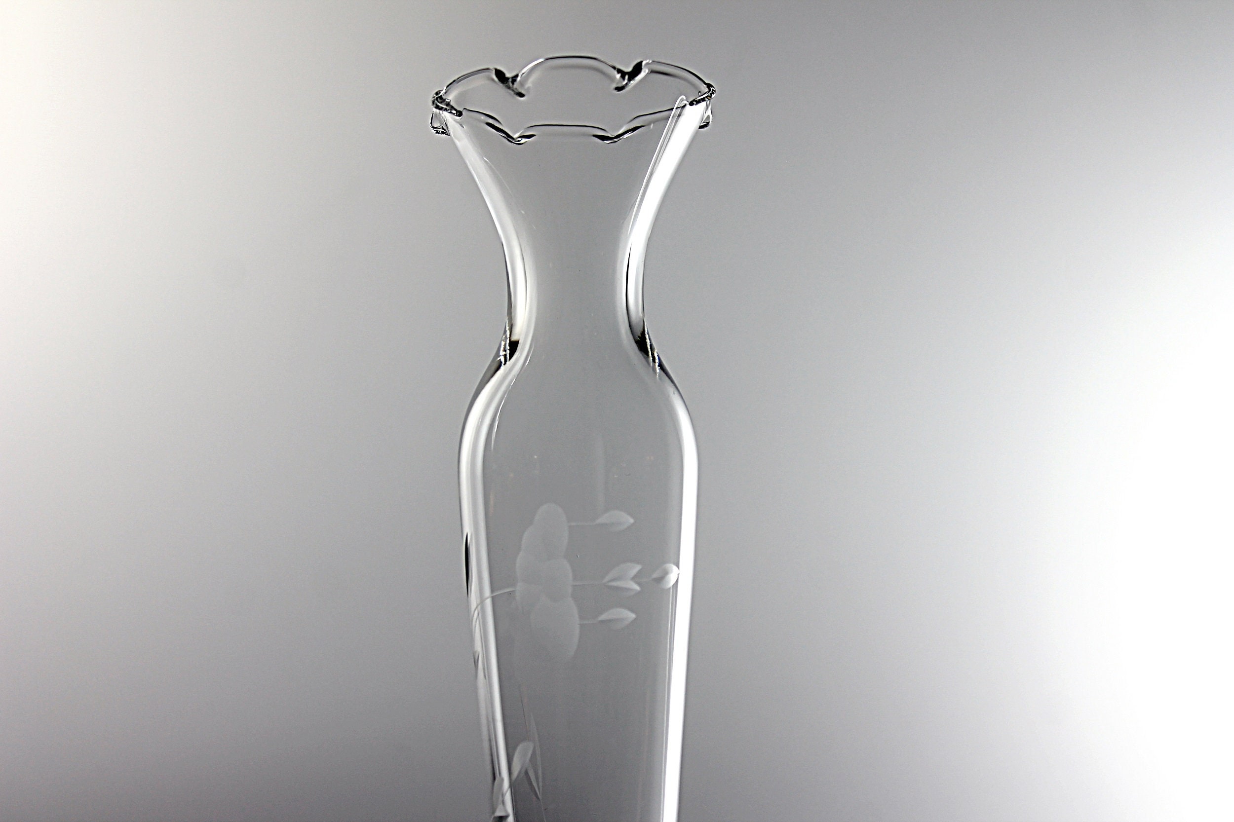 Etched Glass Bud Vase Clear Glass Fluted Top Pedestal Base Floral Pattern
