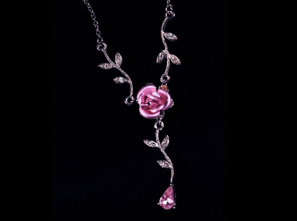 Rose Y Shape Necklace, Pink Tear Drop, Clear Rhinestone, Jewelry ...