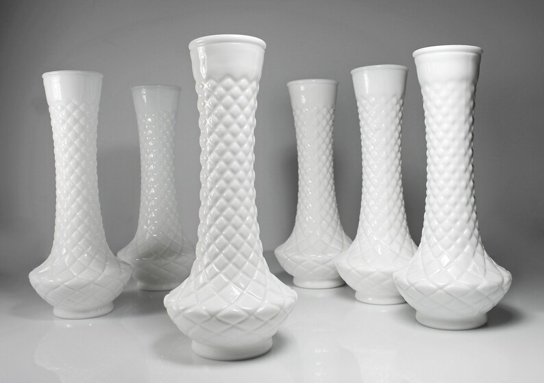 Milk Glass Vases Diamond Pattern 9 Inch Set of 6 Wedding - Etsy