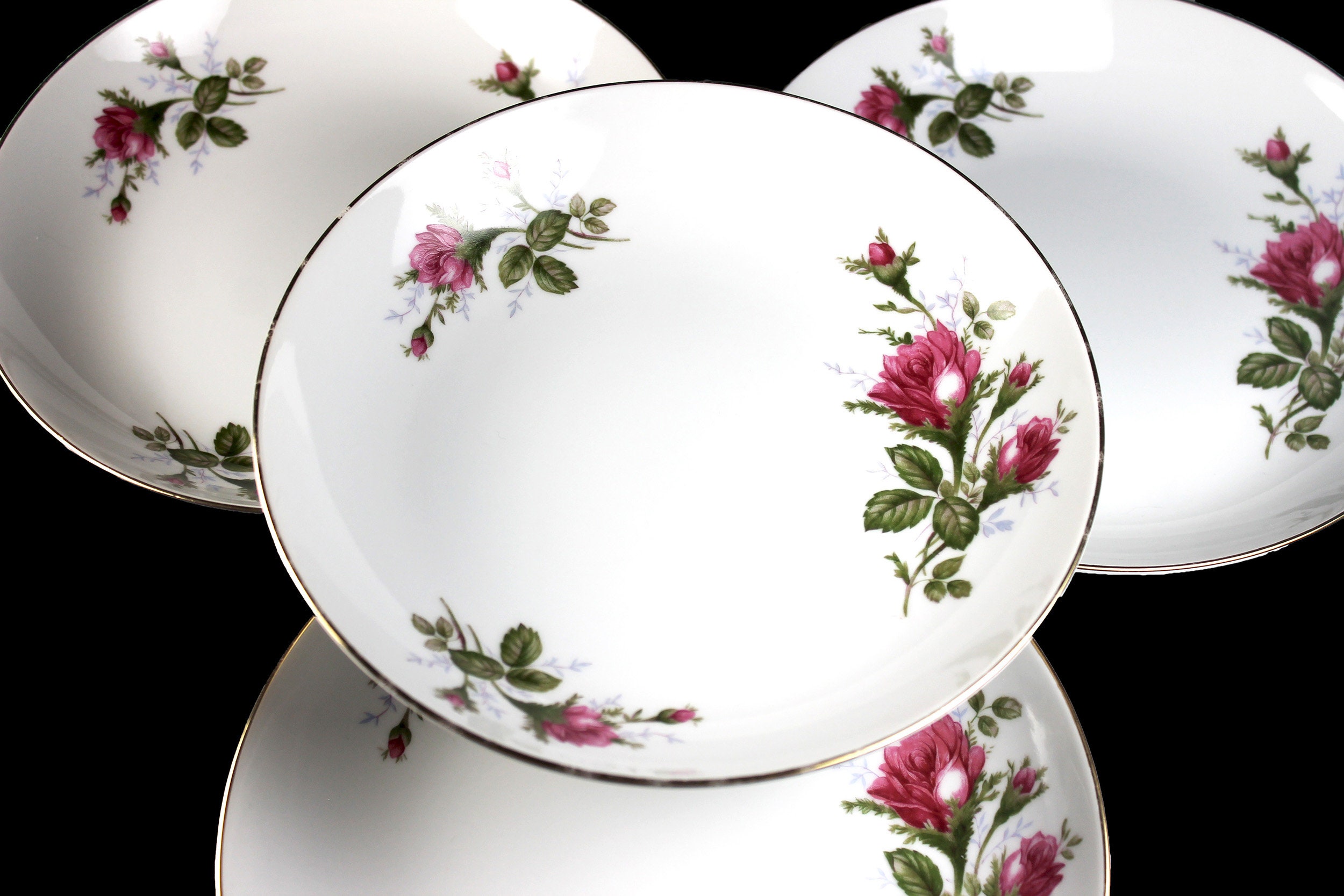 Soup Bowls, Sango Japan, Moss Rose, Red Floral, Set of 4, Dinnerware ...