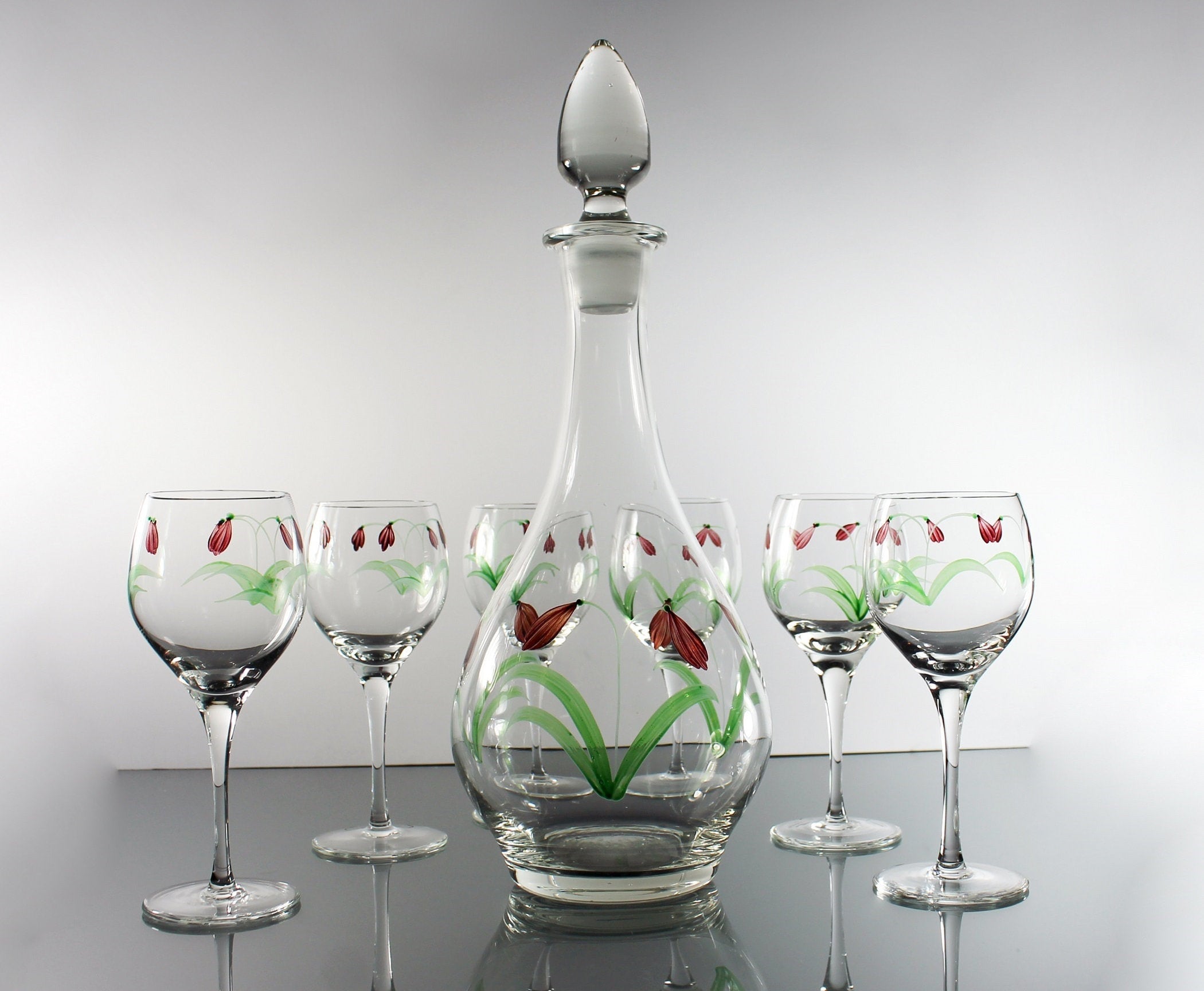 Tall Floral Decanter Set, Six Wine Glasses, Hand Painted, Original ...