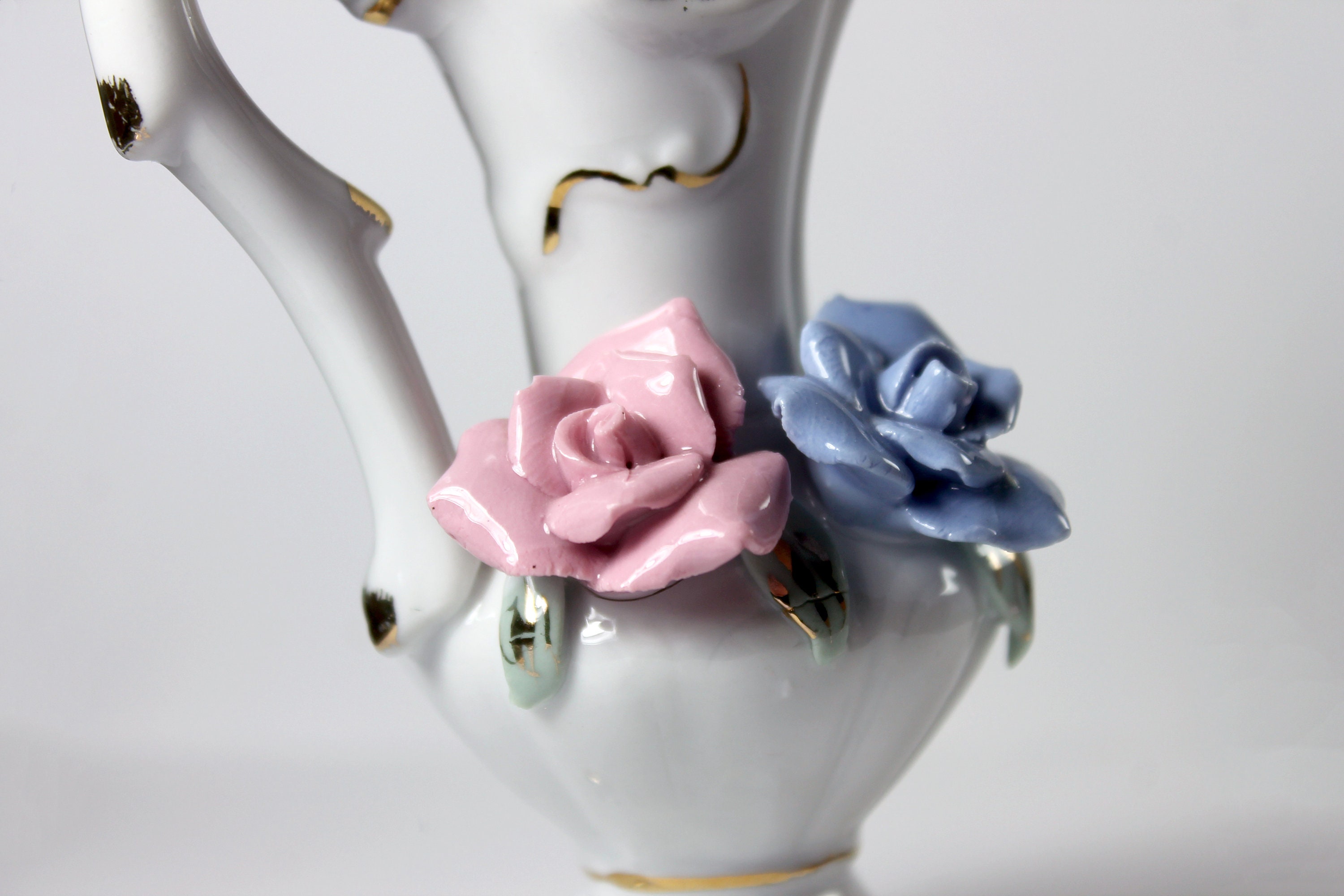 Miniature Raised Rose Pitcher, Collectible, Gold Trimmed, Miniature Vase