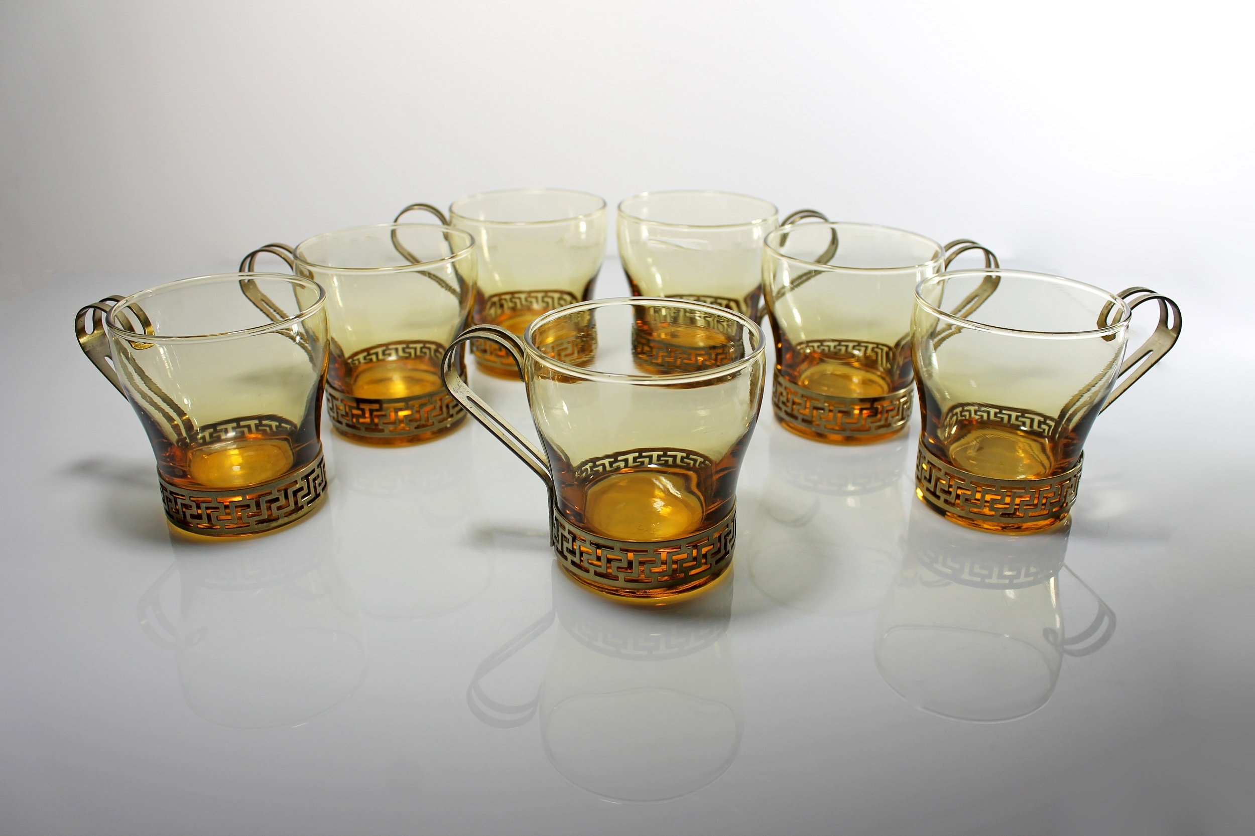 Libbey Amber Coffee Cups, Greek Key Metal Handles, Set of 7, 6 Ounce