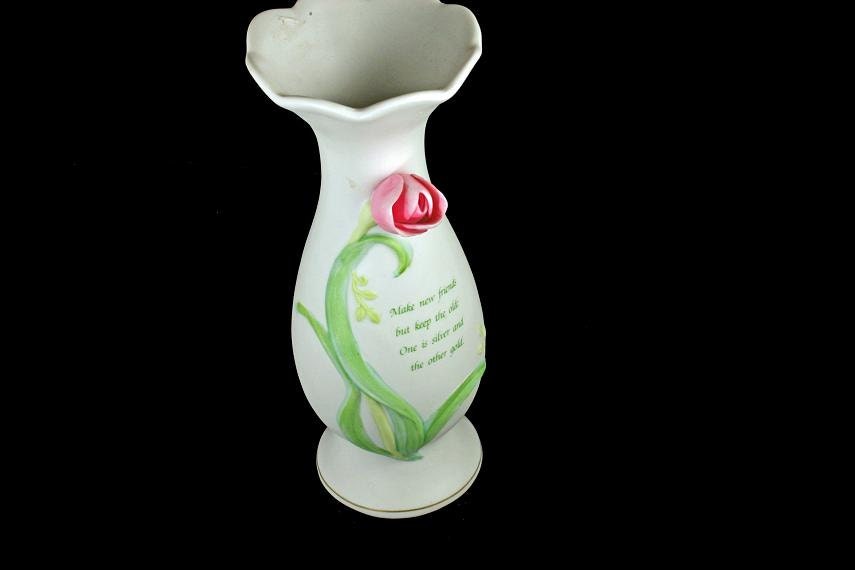 Porcelain Vase, Enesco, Pink Rose, Inspirational, Footed Pedestal