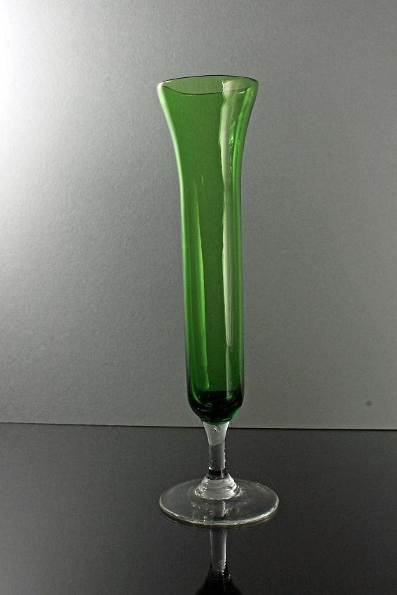 Green Hand Blown Glass Bud Vase With Clear Glass Foot And Stem