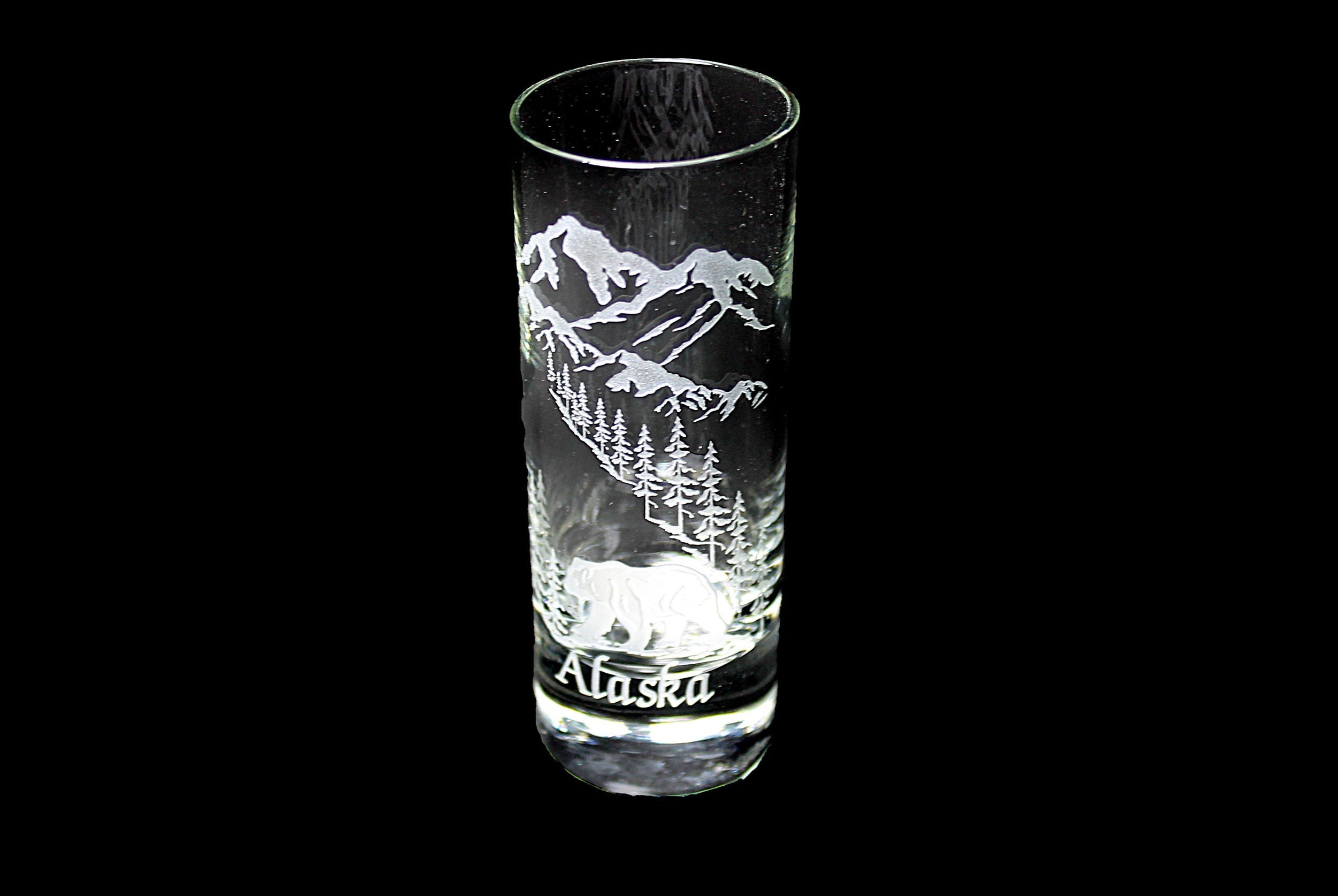 Tall Souvenir Shot Glass, Alaska, Bear Scenic Etched, Clear Glass ...