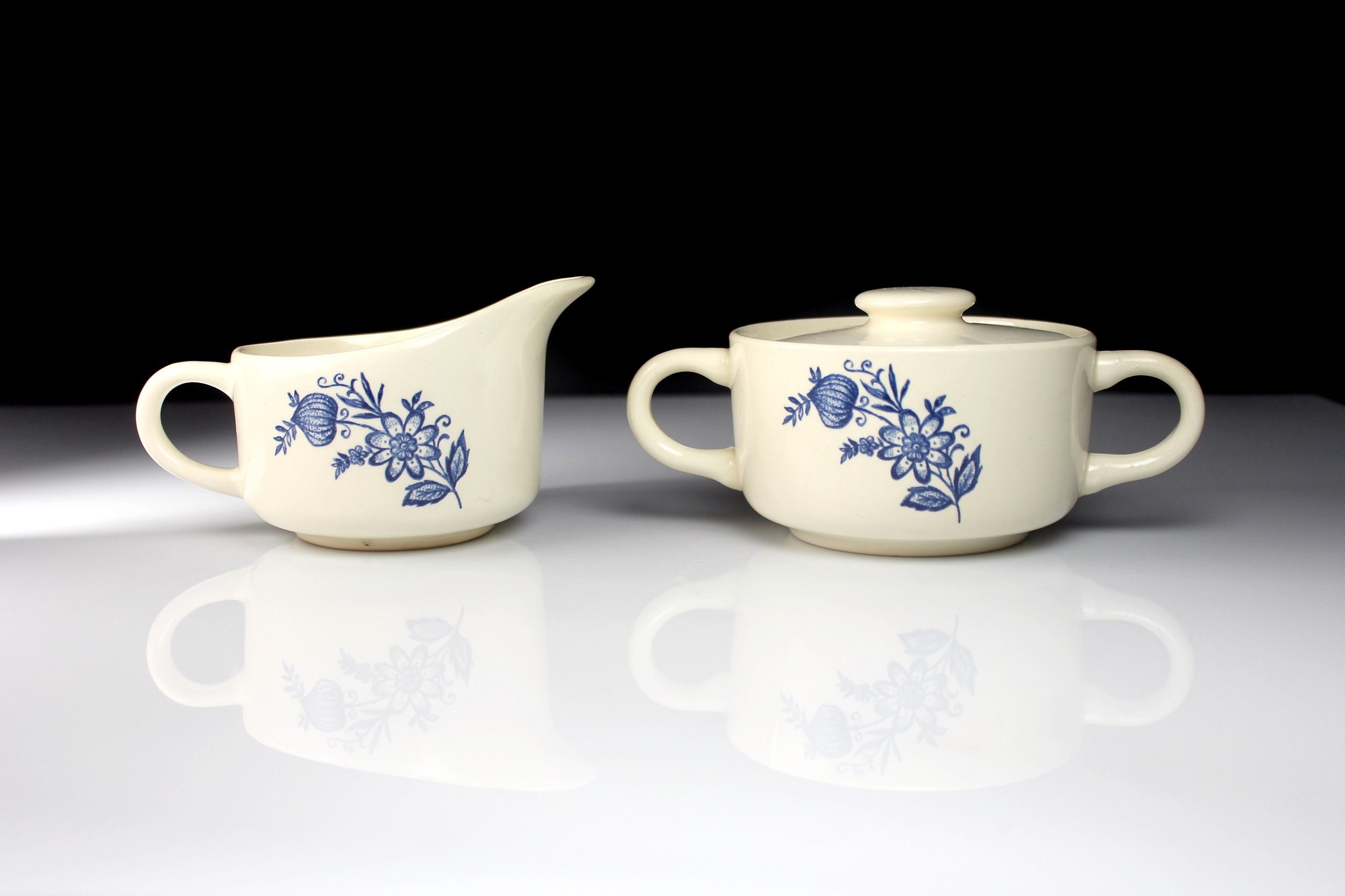 Sugar and Creamer Scio Pottery, Blue Onion, Blue and White, Discontinued